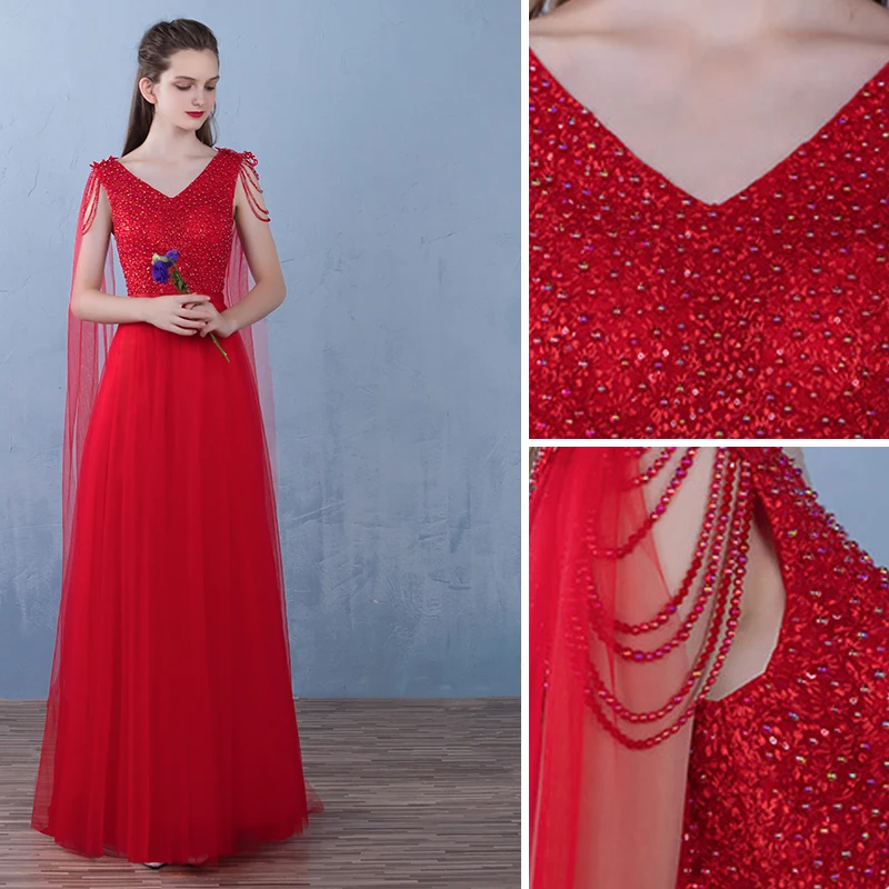 Affordable Red Prom Dresses 2019 A-Line / Princess Beading Bow V-Neck ...