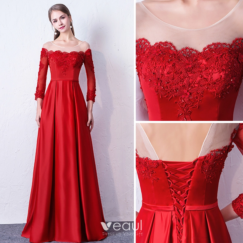 Chic / Beautiful Red Evening Dresses 2019 A-Line / Princess Scoop Neck ...