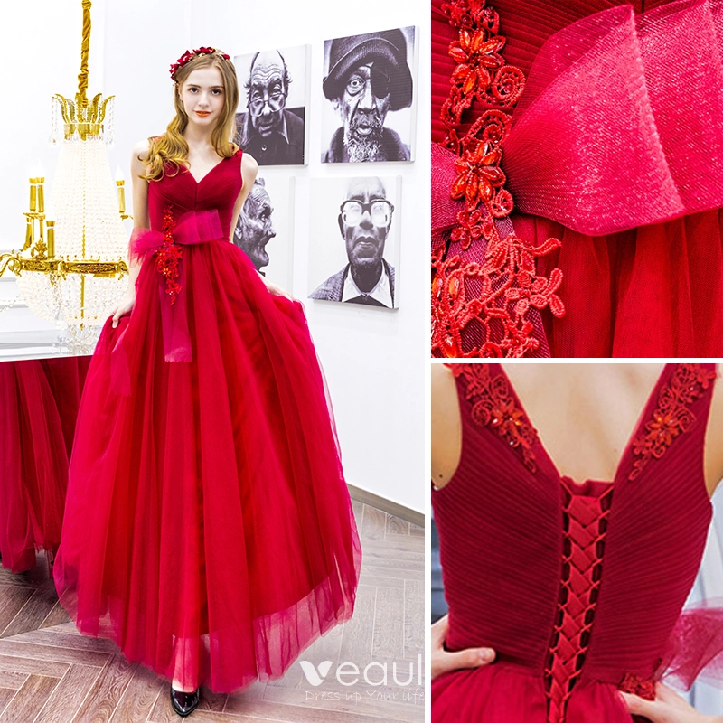 Chic / Beautiful Red Prom Dresses 2019 A-Line / Princess V-Neck Beading ...