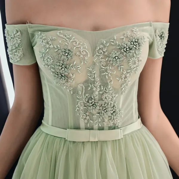 Elegant Sage Green Prom Dresses 2019 A Line Princess Off The Shoulder