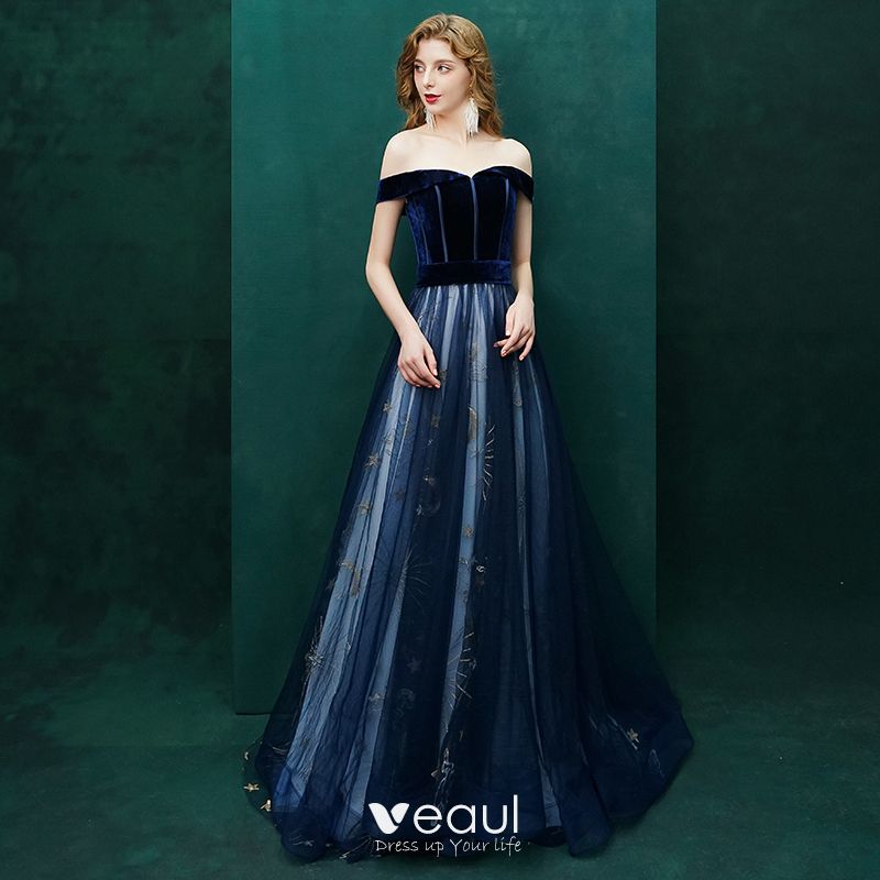 Sexy Navy Blue Evening Dresses 2019 A Line Princess Suede Star Off