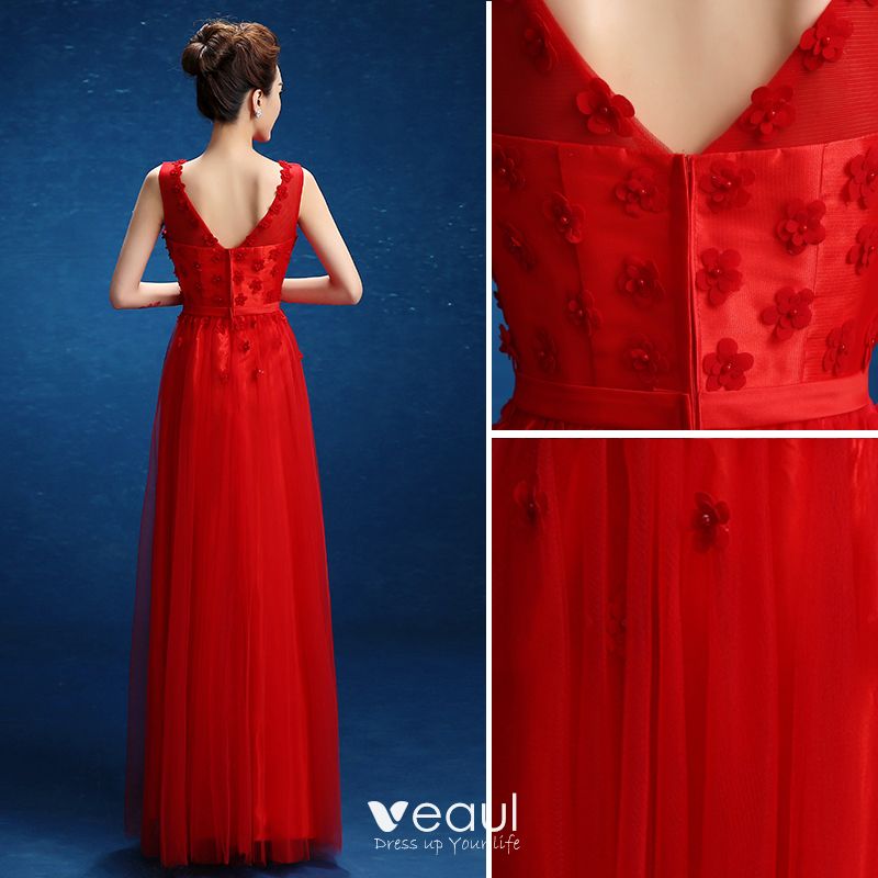 Chic Beautiful Red Evening Dresses 2017 Empire Appliques Beading