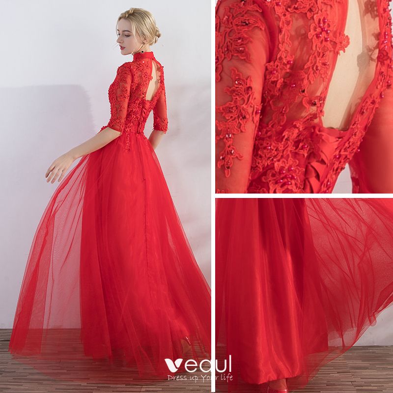 Chic Beautiful Red Evening Dresses 2017 A Line Princess Lace Flower