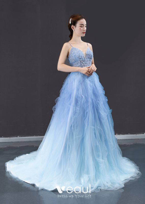 Fabulous Sky Blue Prom Dresses 2023 A Line Princess Spaghetti Straps