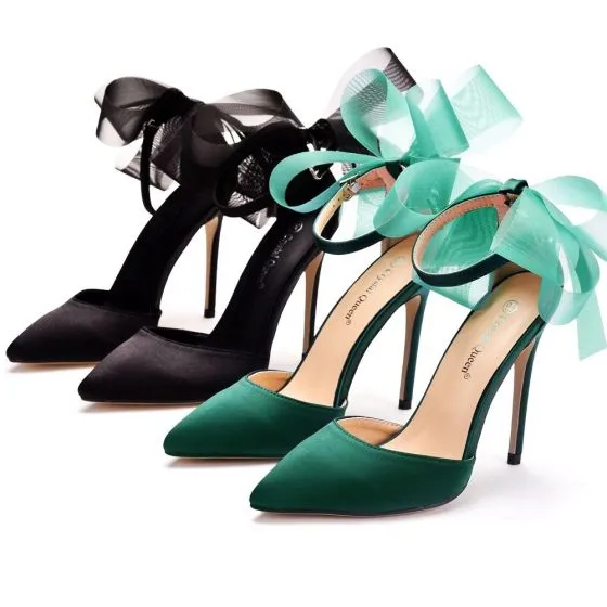 Chic Beautiful Black Satin Prom Womens Sandals 2020 Bow Ankle Strap