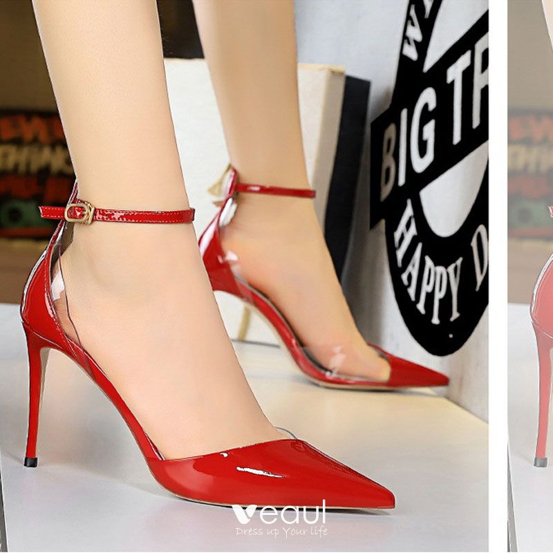 Sexy Red Cocktail Party Womens Shoes 2020 Patent Leather Ankle Strap 10