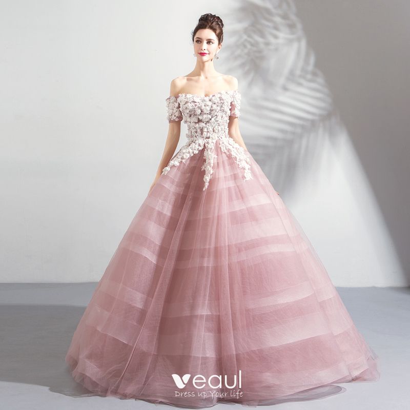 Elegant Blushing Pink Prom Dresses 2018 Ball Gown Lace Flower Appliques