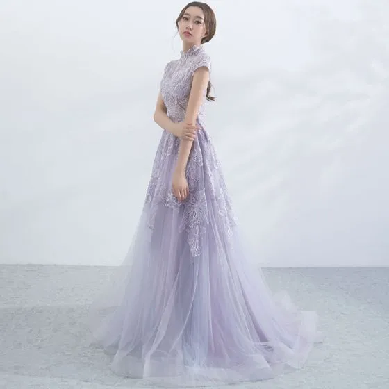 Elegant Lavender Evening Dresses 2017 A Line Princess High Neck Short