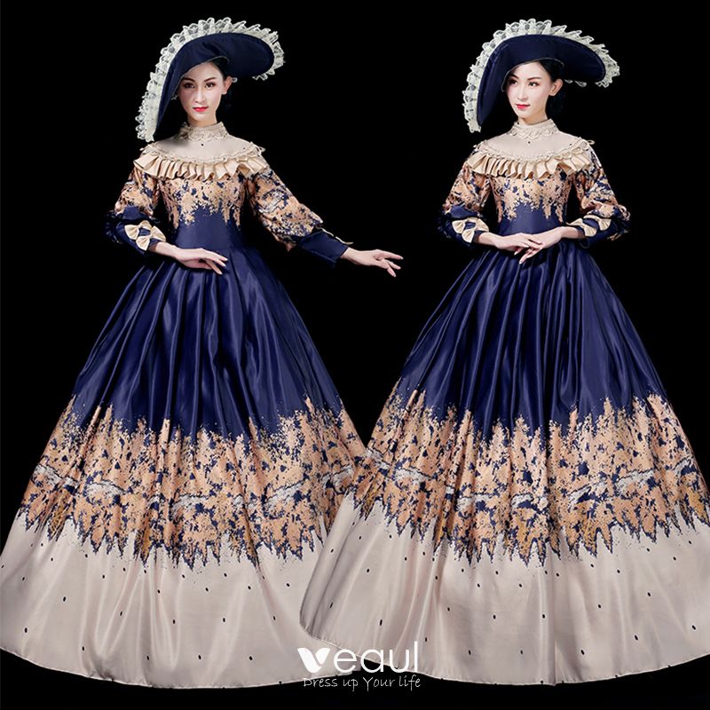 Vintage Retro Medieval Navy Blue Ball Gown Prom Dresses 2021 Scoop