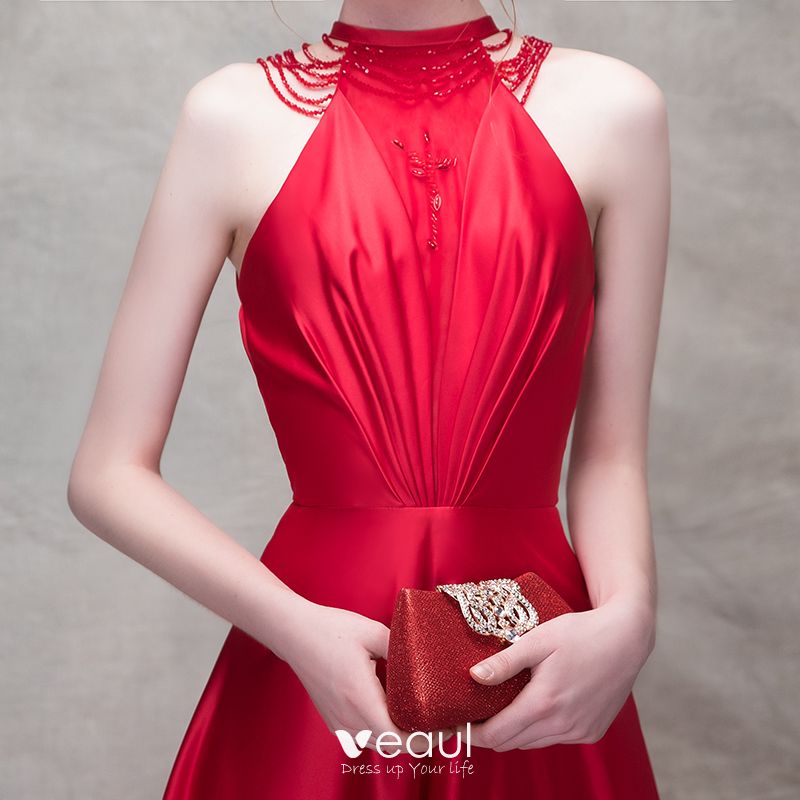 Elegant Red Evening Dresses 2017 A Line Princess Bow Beading High