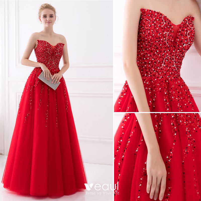Sparkly Red Prom Dresses 2017 A Line Princess Sleeveless Amazing