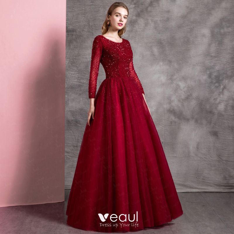 Chic Beautiful Burgundy Prom Dresses 2019 A Line Princess Scoop