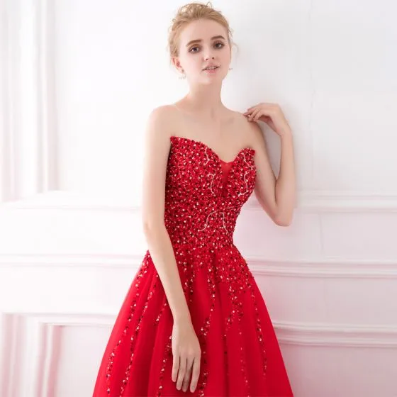 Sparkly Red Prom Dresses 2017 A Line Princess Sleeveless Amazing