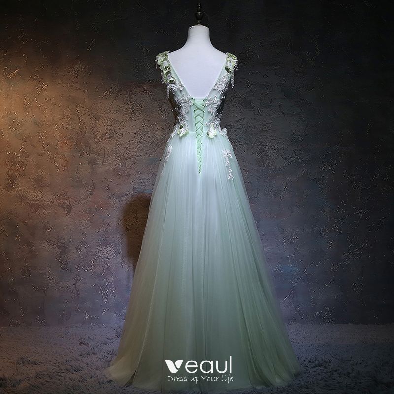 Elegant Sage Green Prom Dresses 2018 A Line Princess V Neck