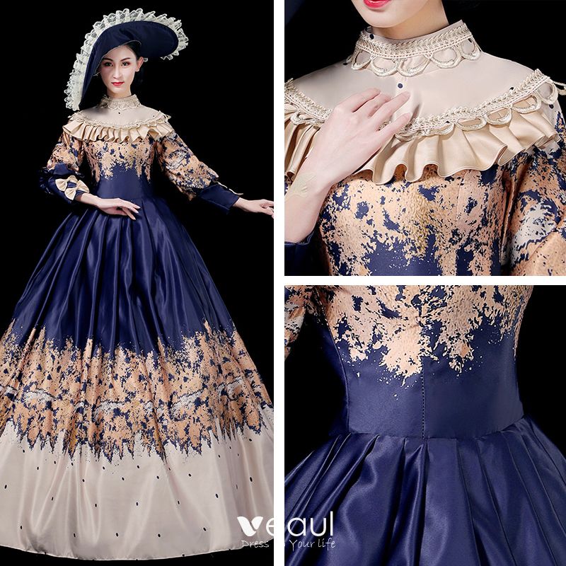 Vintage Retro Medieval Navy Blue Ball Gown Prom Dresses 2021 Scoop