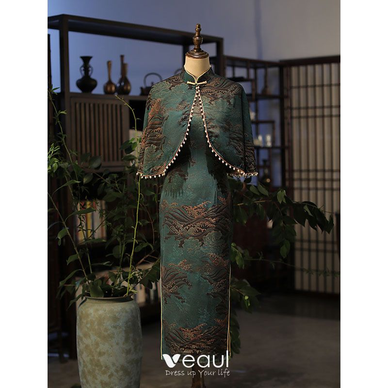 Vintage / Retro Chinese style Dark Green Floral Cheongsam 2021 Trumpet ... Vintage / Retro Chinese style Dark Green Floral Cheongsam 2021 Trumpet ...