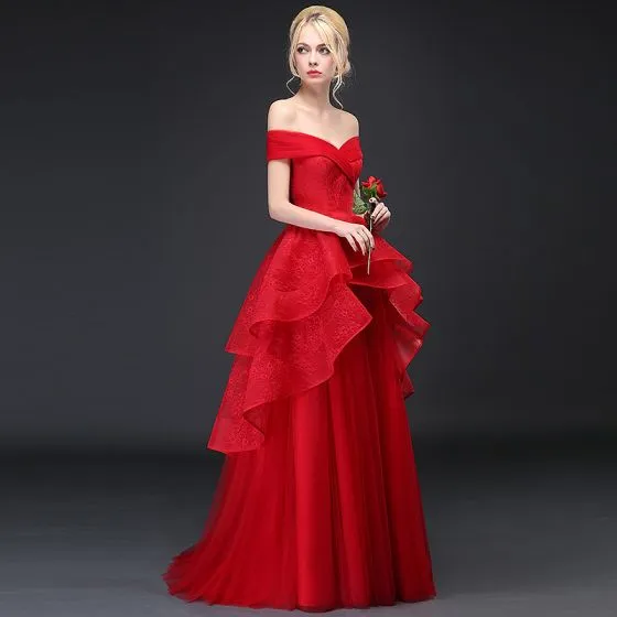 Chic Beautiful Red Prom Dresses 2017 A Line Princess Off The