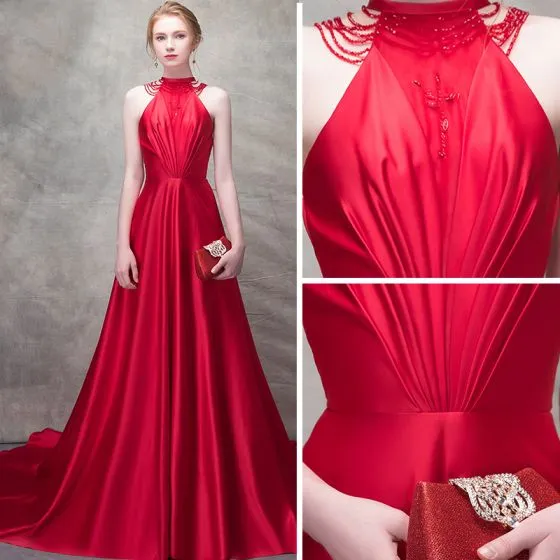 Elegant Red Evening Dresses 2017 A Line Princess Bow Beading High