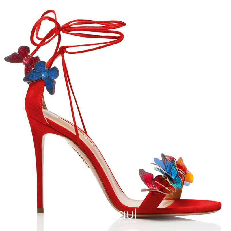 Chic Beautiful Red Prom Leather Womens Sandals 2020 Bow Ankle Strap