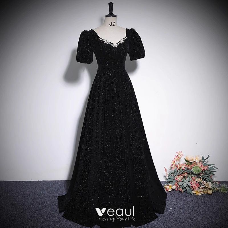 Elegant Black Rhinestone Velvet Evening Dresses 2023 A Line Princess